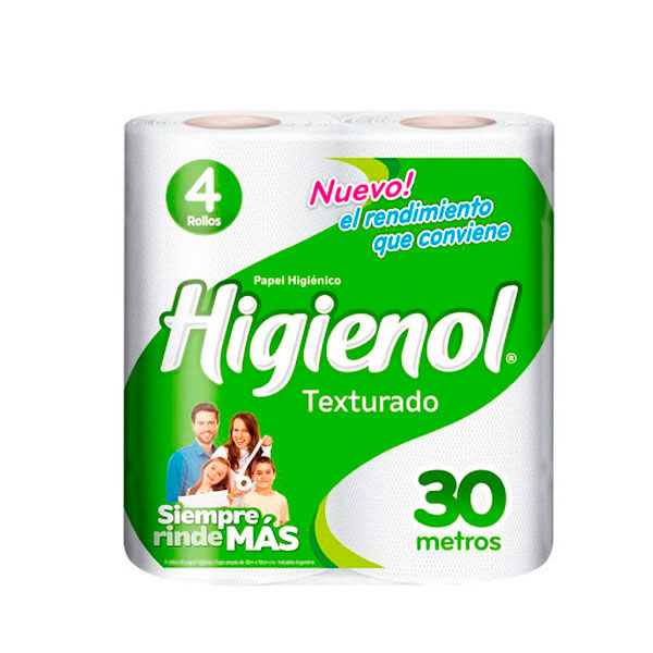 Papel Higiénico Higienol Texturado Hoja Simple 30 Metros X 4 Rollos